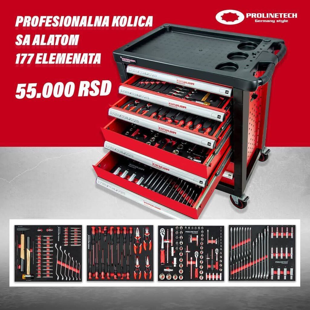 Profesionalna kolica sa alatom – 177 elemenata (PROLINETECH, Germany