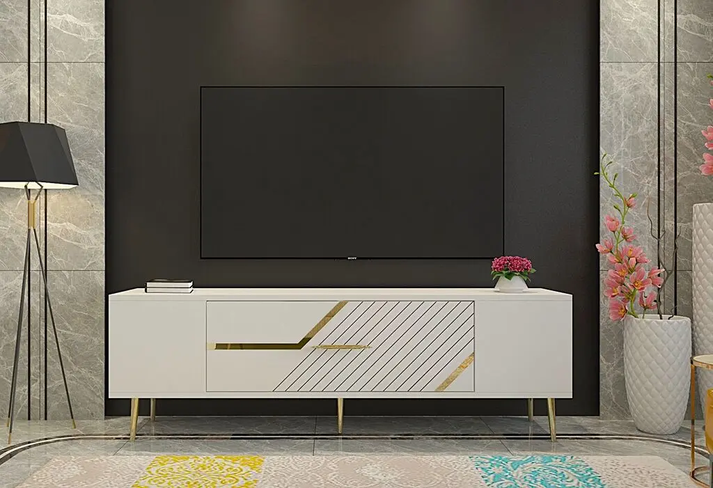 Hanah Home TV Komoda Dekolp5, 150x48,2x29,6 cm, Belo-Zlatne boje