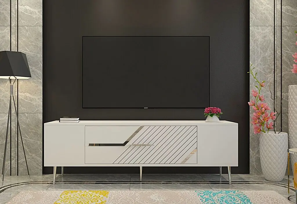 Hanah Home TV Komoda Dekolp5, 150x48,2x29,6 cm, Belo-Srebrne boje