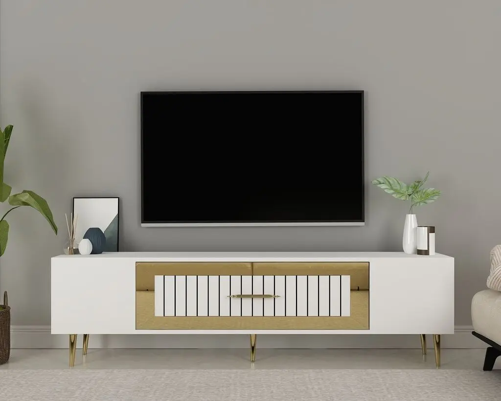 Hanah Home TV Komoda Dekolp3, 150x48,2x29,6 cm, Belo-Zlatne boje