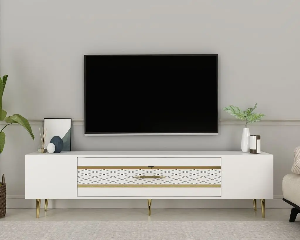 Hanah Home TV Komoda Dekolp2, 150x48,2x35 cm, Belo-Zlatne boje