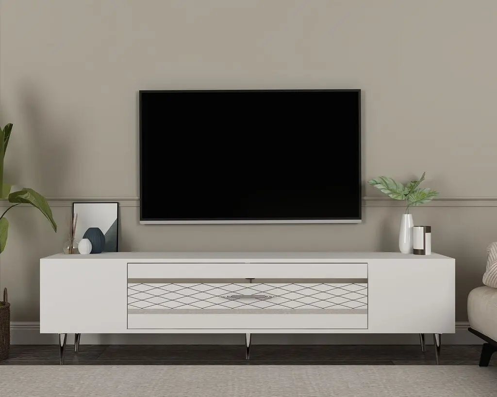 Hanah Home TV Komoda Dekolp2, 150x48,2x35 cm, Belo-Srebrne boje