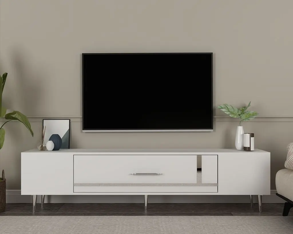 Hanah Home TV Komoda Dekop1, 150x48,2x29,6 cm, Belo-Srebrne boje