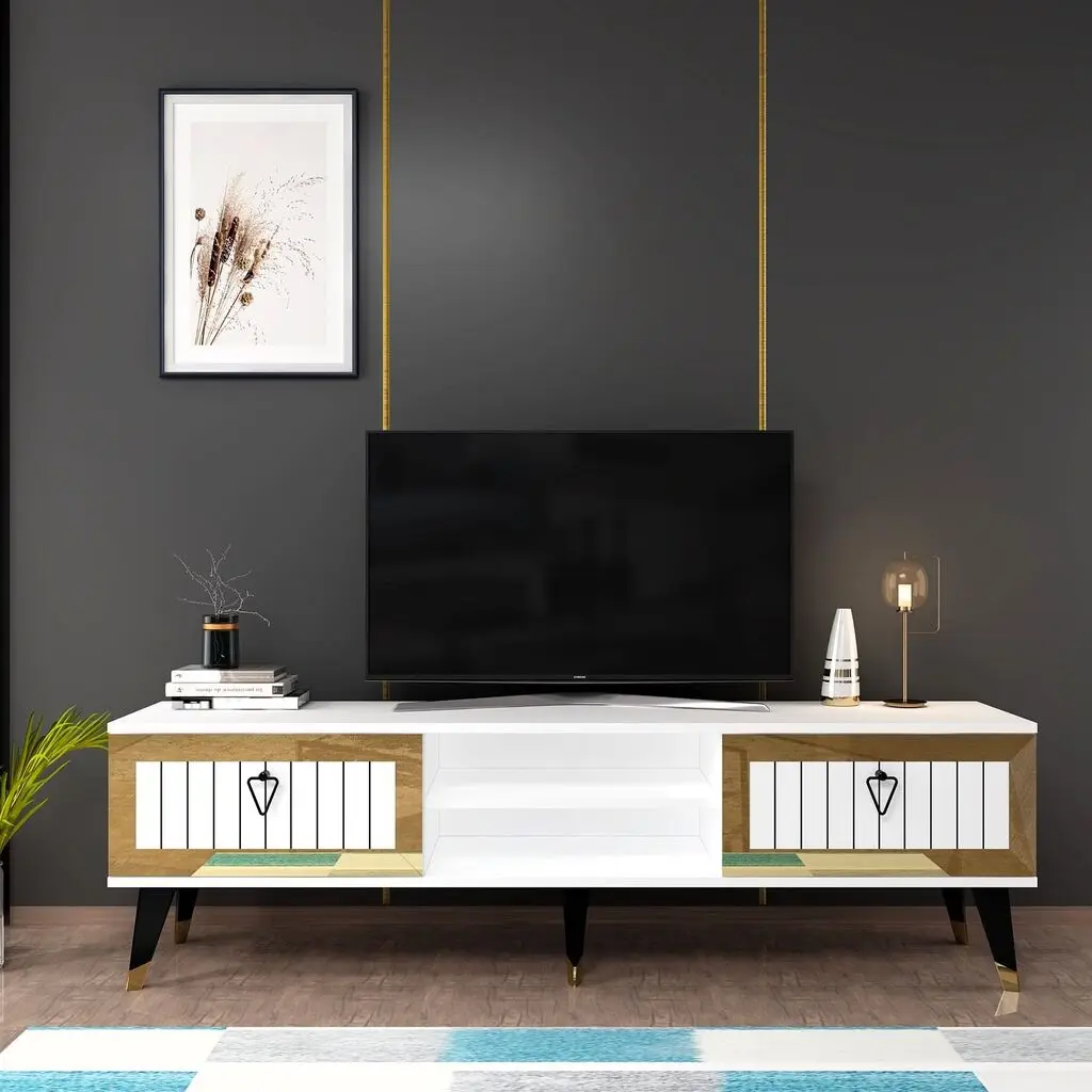 Hanah Home TV Komoda Lidya, 150x45,6x30 cm, Belo-Zlatne boje