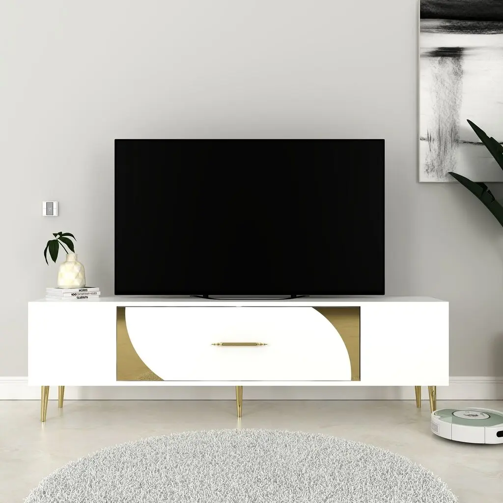 Hanah Home TV Komoda Dekop2, 150x48,2x29,6 cm, Belo-Zlatne boje