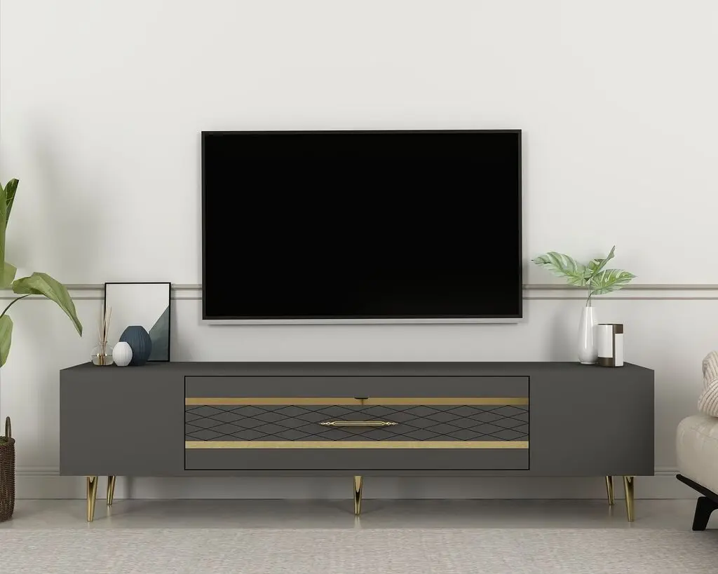 Hanah Home TV Komoda Dekolp2, 150x48,2x35 cm, Antracit-Zlatne boje