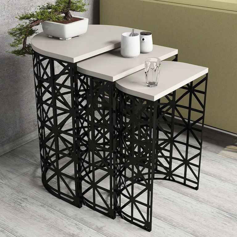 Hanah Home Set klub stolova, 3 komada Stil Metal Ferforje Krem-Crni