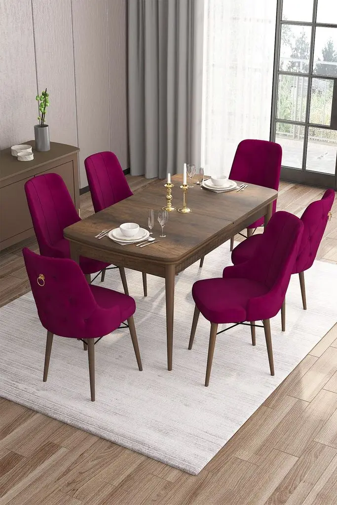 Hanah Home Set Trpezarijski sto i 6 stolica Are, Bordo-braon