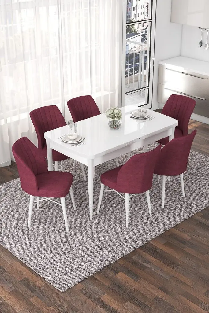 Hanah Home Set Trpezarijski sto i 6 stolica Nef, Bordo-beli