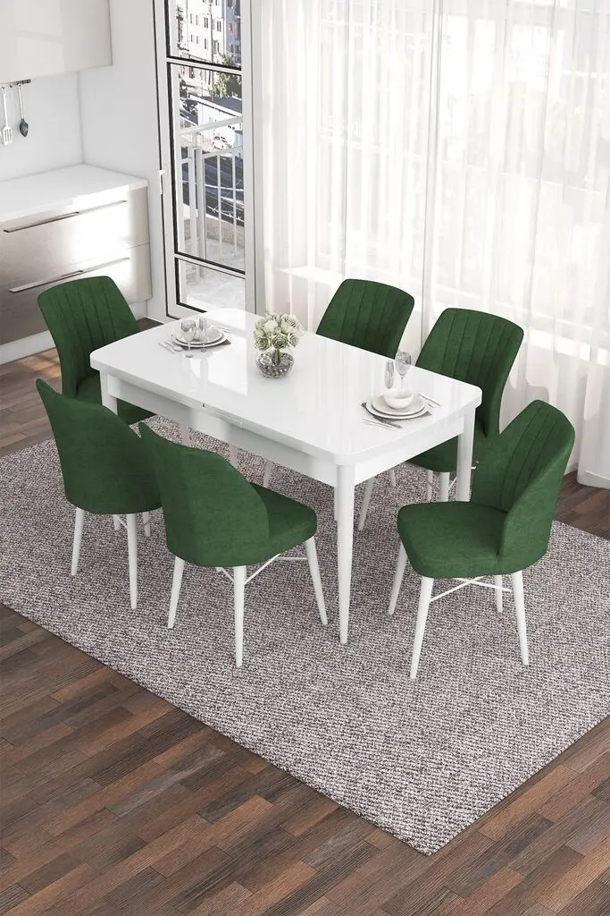 Hanah Home Set Trpezarijski sto i 6 stolica Eva, Zeleno-beli