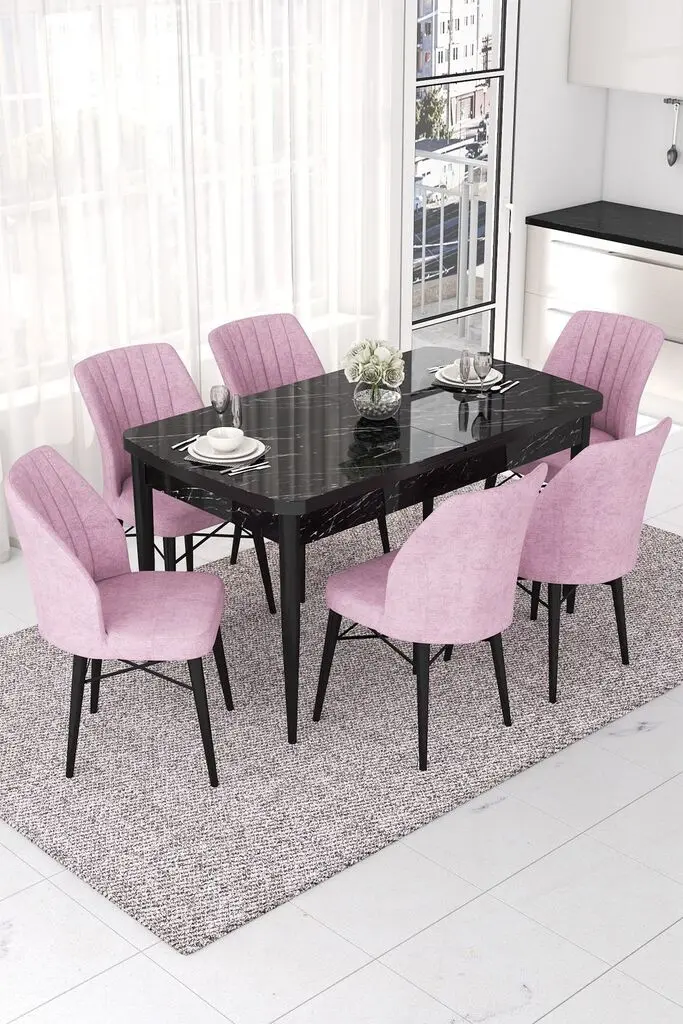 Hanah Home Set Trpezarijski sto i 6 stolica Nef, Roze-crni