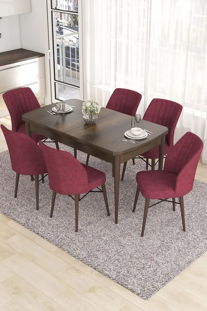 Hanah Home Set Trpezarijski sto i 6 stolica Eva, Bordo-braon
