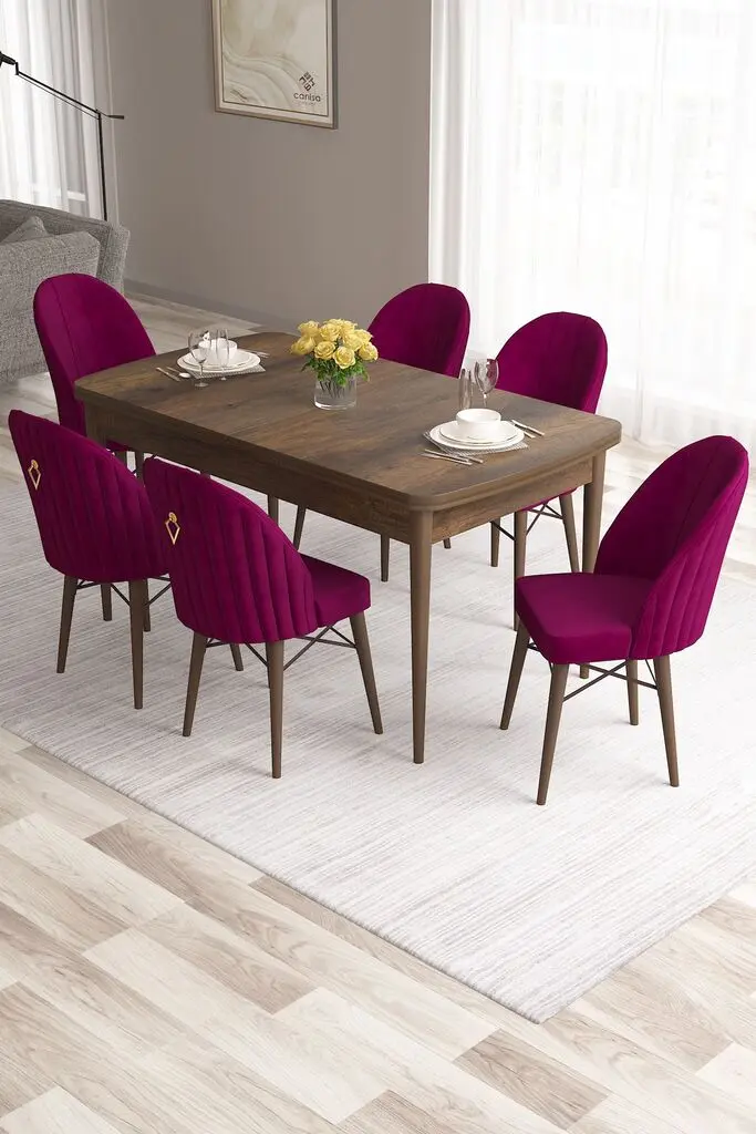 Hanah Home Set Trpezarijski sto i 6 stolica Roz, Bordo-braon
