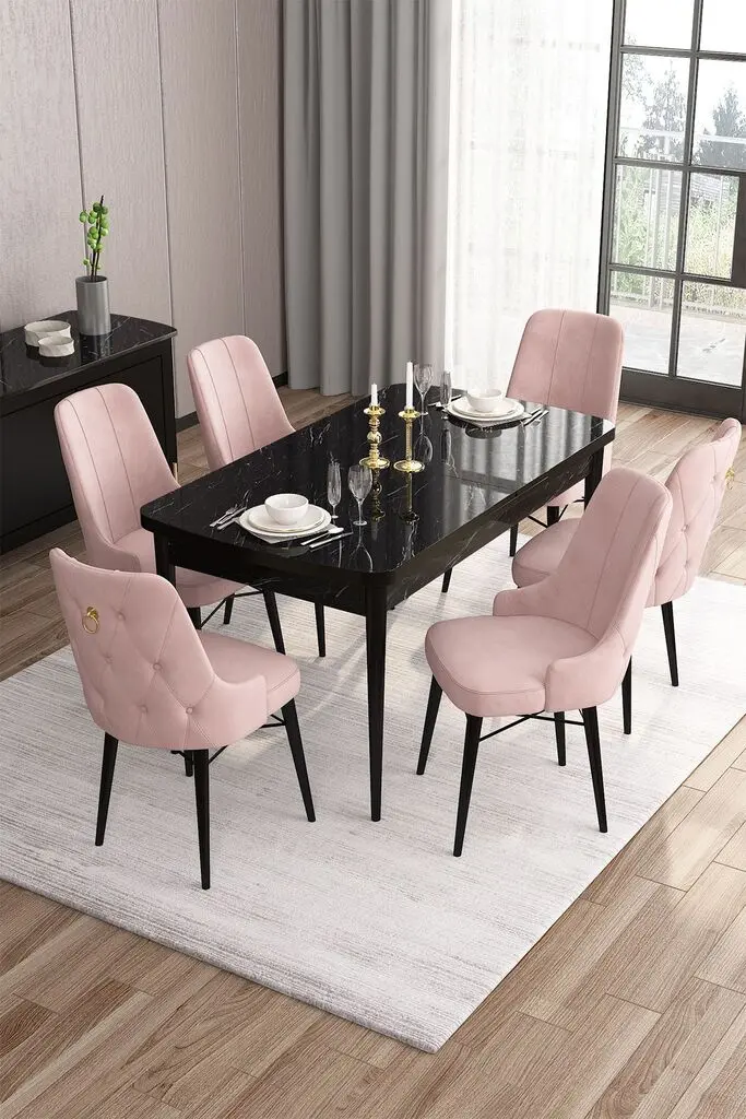 Hanah Home Set Trpezarijski sto i 6 stolica Are, Roze-crni