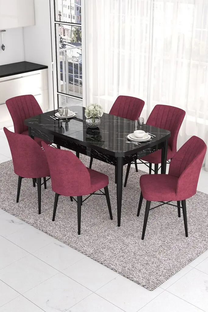 Hanah Home Set Trpezarijski sto i 6 stolica Eva, Bordo-crni