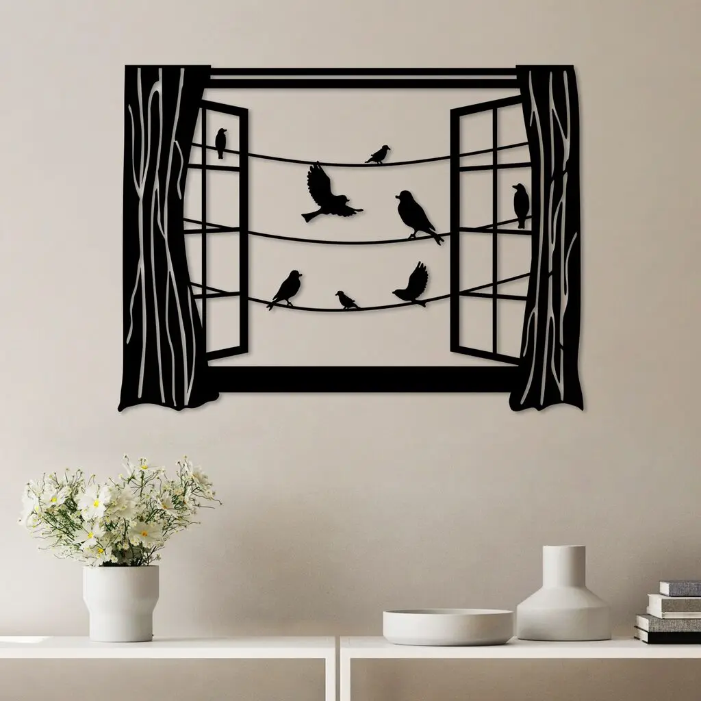 Wallity Zidna dekoracija Birds in Front Of The Window - 2, 70 x 52 cm, Crna