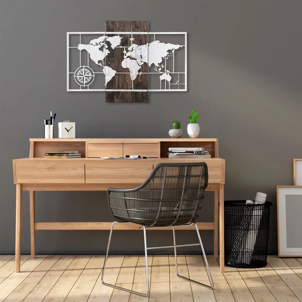 Wallity Zidna dekoracija World Map Wıth Compass - Silver, 58 x 85 cm, Smeđa
