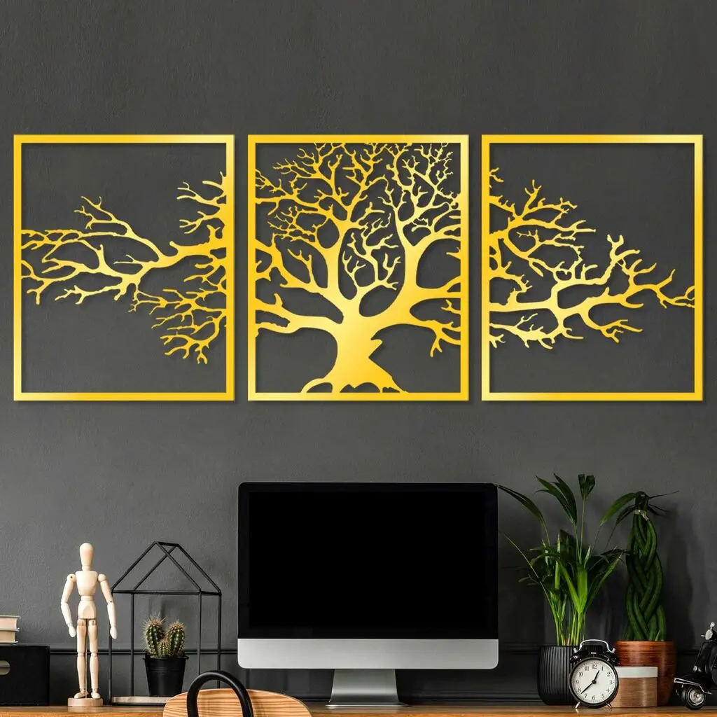 Wallity Zidna dekoracija Golden Triple Tree 2, 49 x 60 cm, Zlatne boje