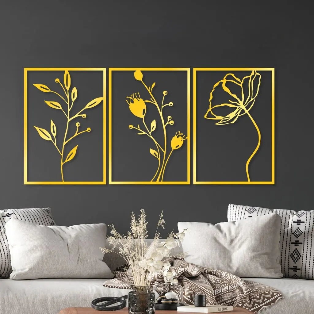 Wallity Zidna dekoracija Golden Triple Flowers 3, 49 x 70 cm, Zlatne boje