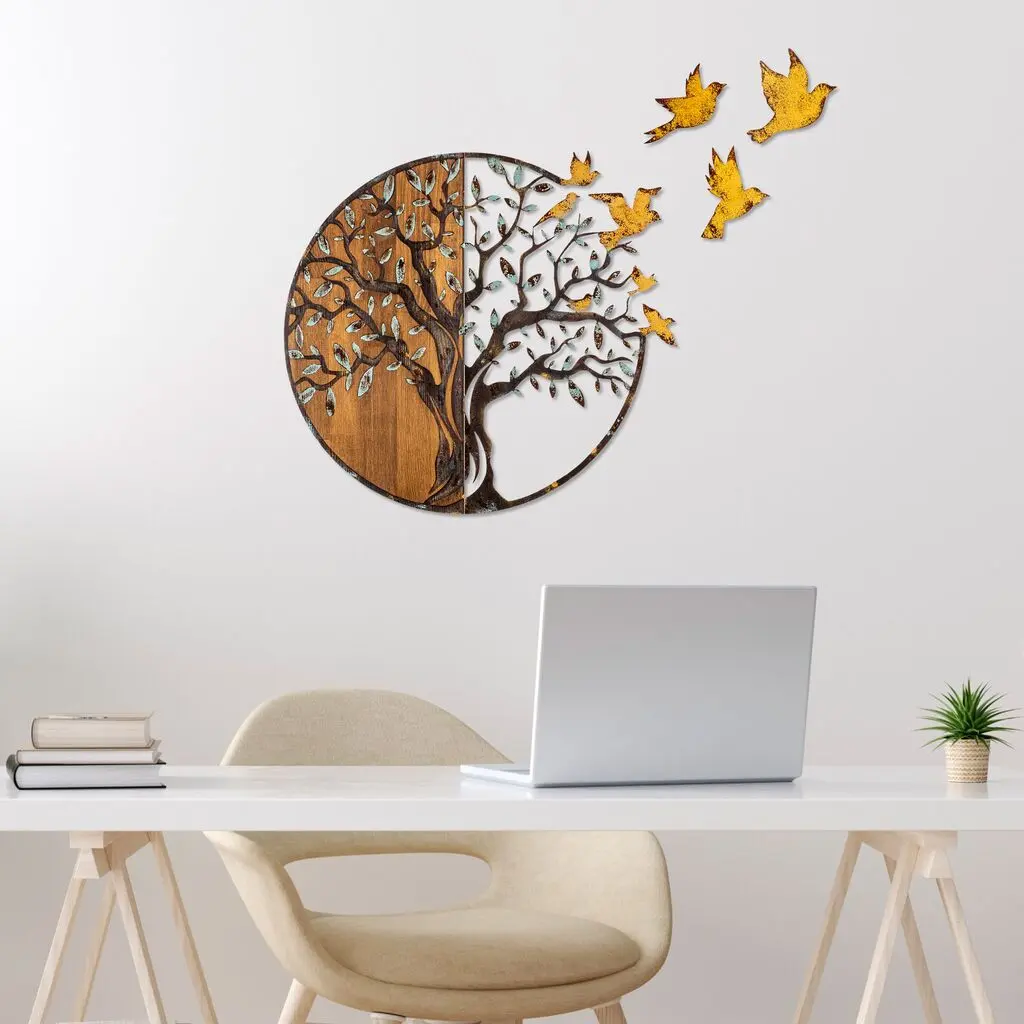 Wallity Zidna dekoracija Tree And Birds - 322-A, 92x71x3 cm, Smeđe boje