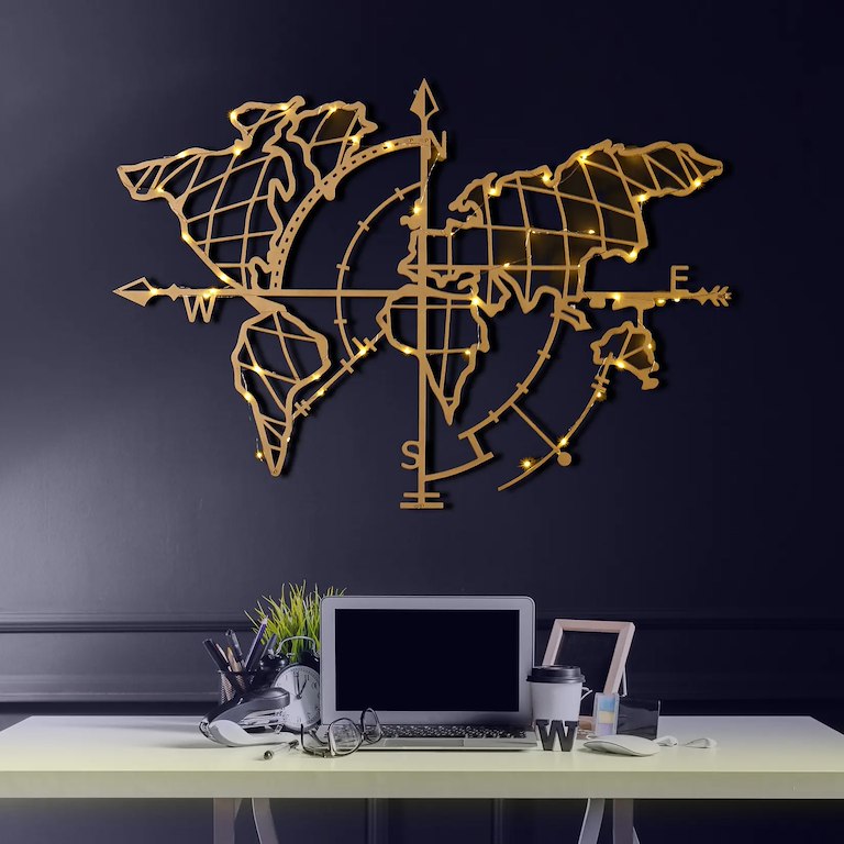 Wallity Zidna dekoracija World Map Compass Led, 65x95 cm 2 mm, Zlatne boje