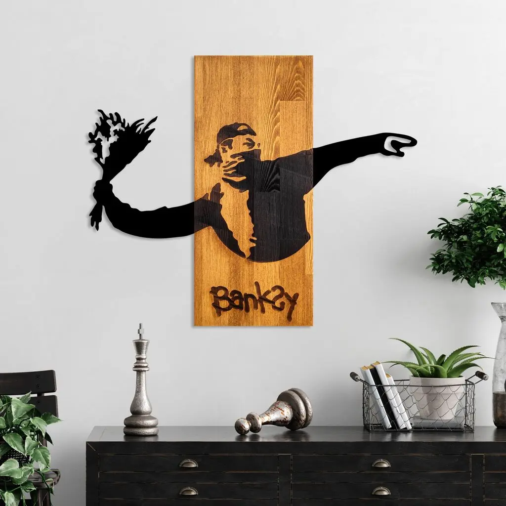 Wallity Zidna dekoracija Banksy - Flower Thrower, 69x58x3 cm, Crna