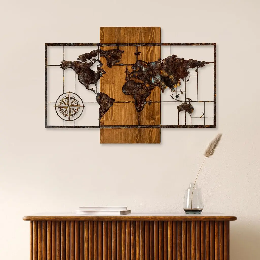 Wallity Zidna dekoracija World Map With Compass 5, 58x85cm, Hrast
