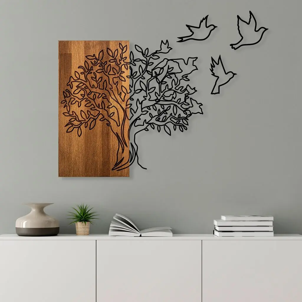 Wallity Zidna dekoracija Tree And Birds 1, 61x58 cm, Smeđe boje