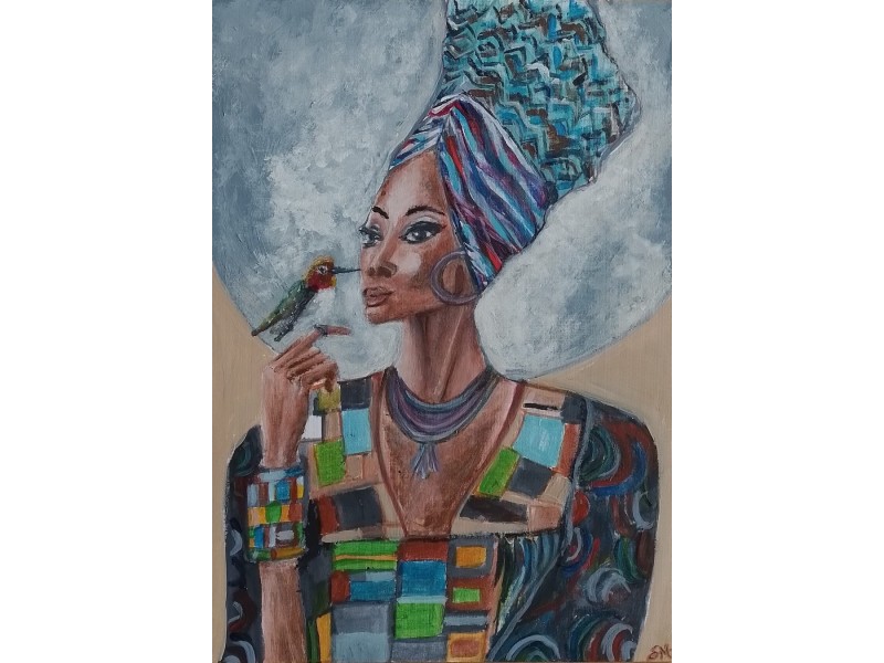 Afrikan woman and hummingbirds Akrylic, A4