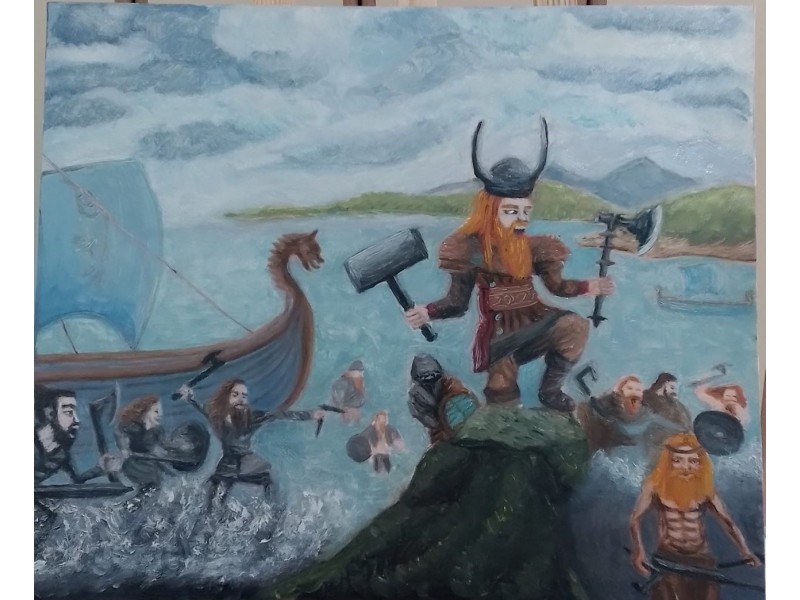 Viking attack led by Thor, Oil on canvas 50x60