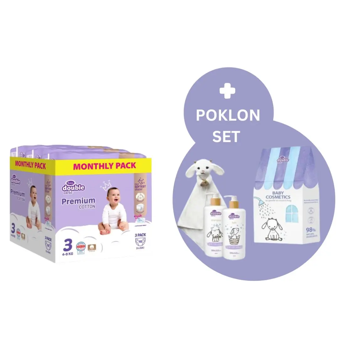 Violeta Pelene Premium Monthly, 3, 4-9 kg, 192 komada + Poklon set (šampon, kupka i igračka)