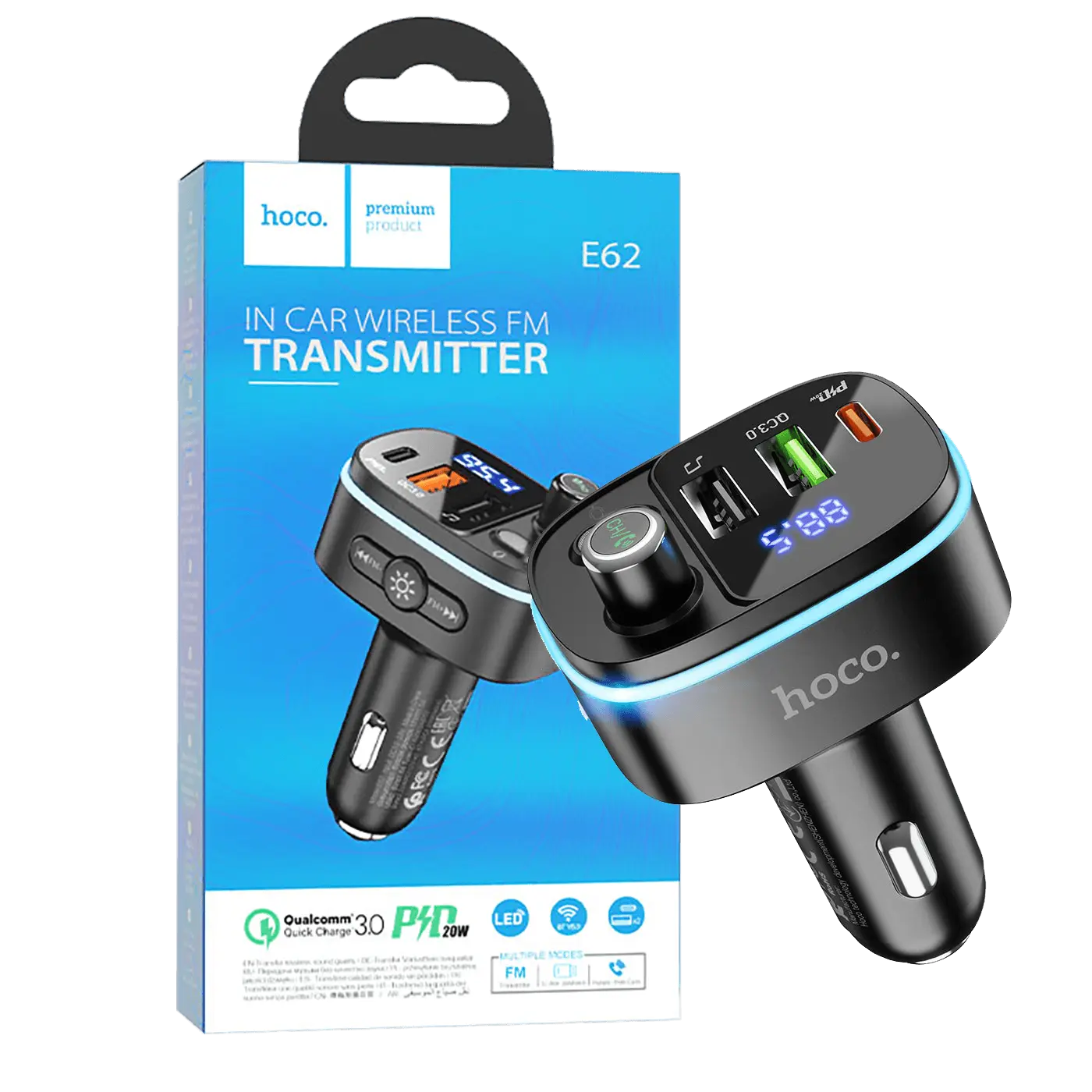 HOCO E62 Fast FM transmiter, Punjač za auto, Bluetooth v5.0, 3xUSB, Crni
