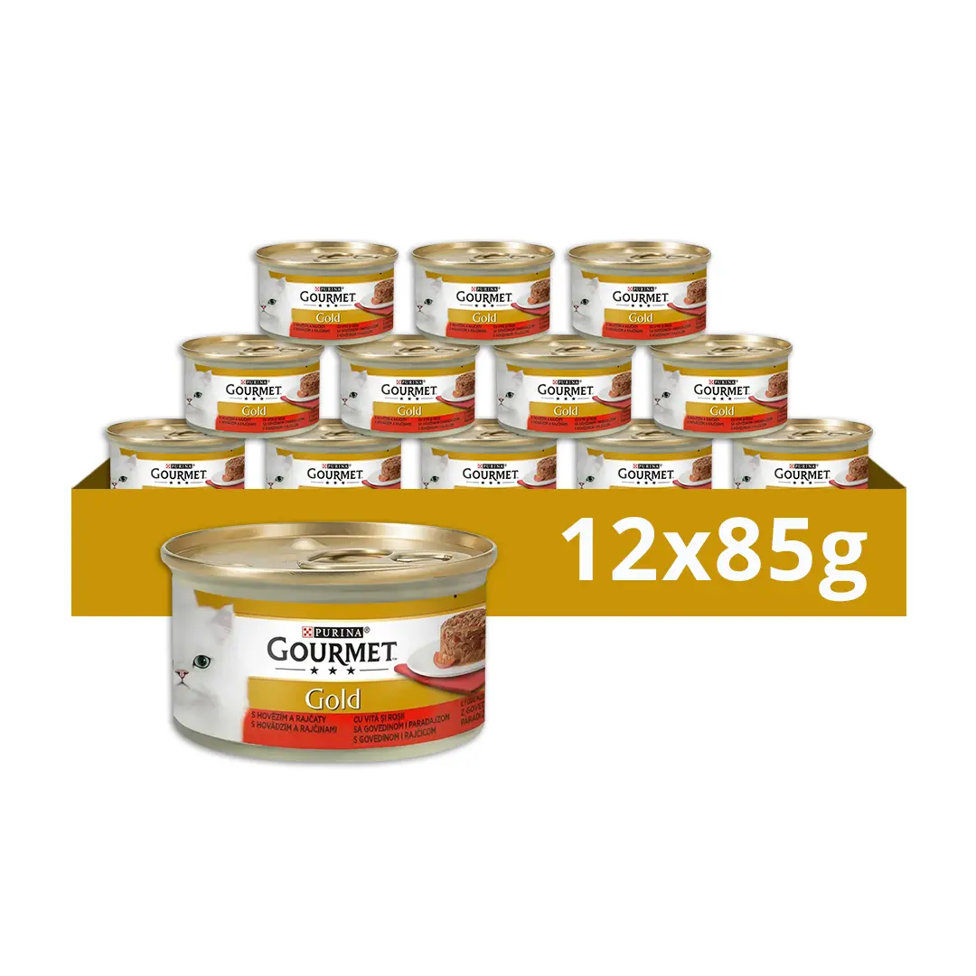 GOURMET Gold Savoury Cake Pašteta za mačke, Govedina i paradajz, 12 x 85 g