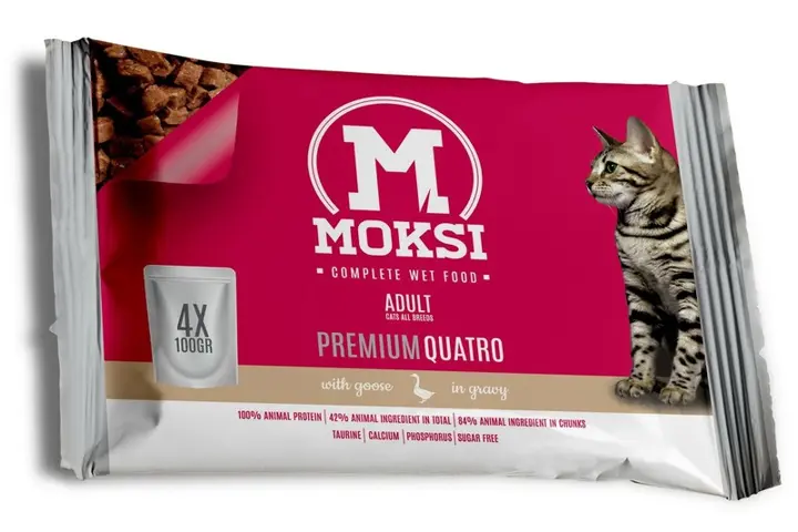 Moksi Kompletna vlažna hrana za odrasle mačke svih raSa Premium Quatro, Guska u sosu, 0.4kg