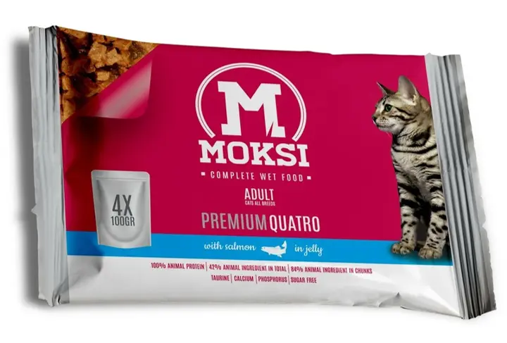 Moksi Kompletna vlažna hrana za odrasle mačke svih raSa Premium Quatro, Losos u želeu, 0.4kg