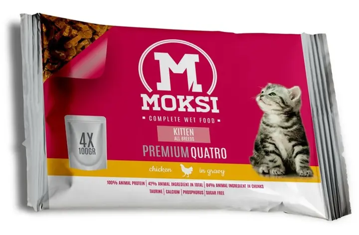 Moksi Kompletna vlažna hrana za mačiće svih rasa Premium Quatro, Piletina u sosu, 0.4kg