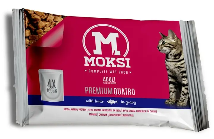 Moksi Kompletna vlažna hrana za odrasle mačke svih raSa Premium Quatro, Tunjevina u sosu, 0.4kg