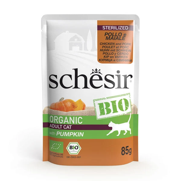 SCHESIR Vlažna hrana za mačke Cat Bio Organic Pumpkin, Piletina i svinjetina, 85g