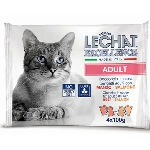 Lechat Excellence Paket sosića za odrasle mačke, Govedina i losos, 4x100g