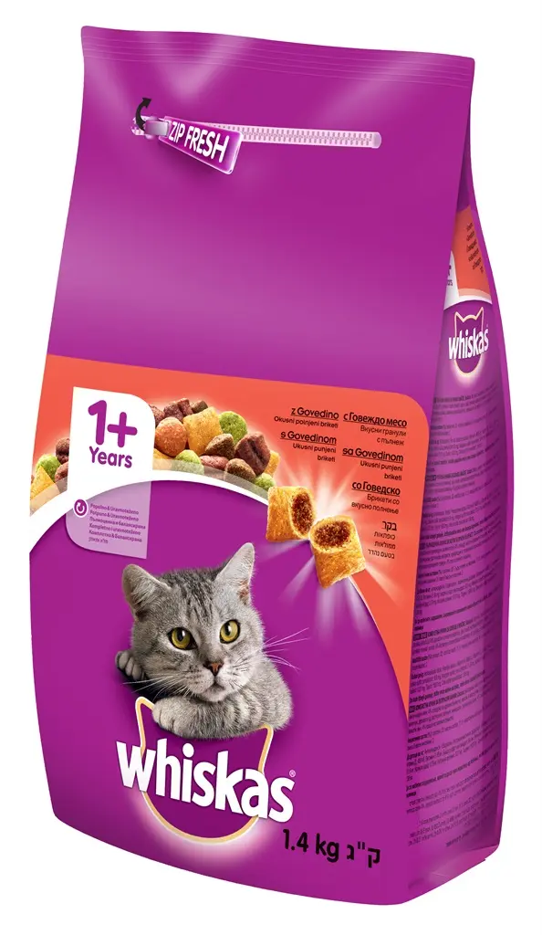 WHISKAS Suva hrana za odrasle mačke sa ukusom govedine, 1.4kg