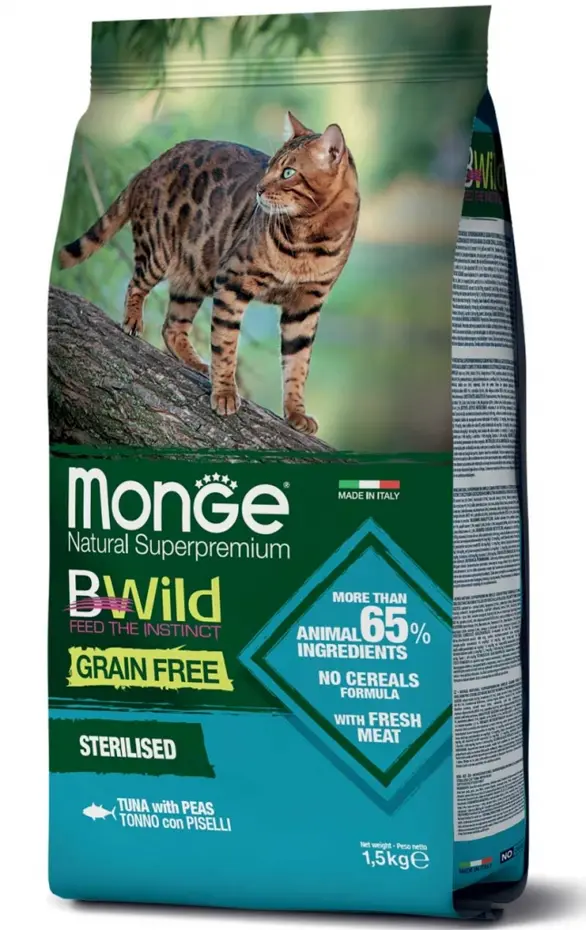 Monge Sterilisana suva hrana za mačke Natural Superpremium Bwild Grain Free, Tuna i grašak, 1.5kg