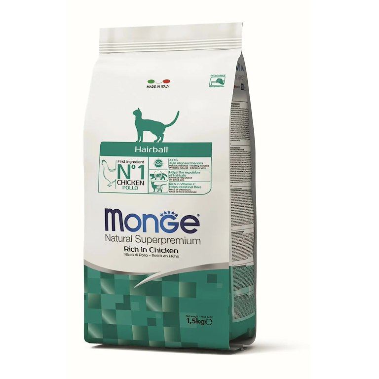 MONGE Suva hrana za mačke sa ukusom piletine Hairball, 1.5kg
