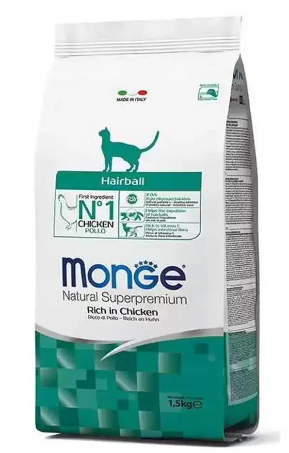 Monge Suva hrana za mačke Natural Superpremium, protiv loptica dlake, Piletina, 1.5kg