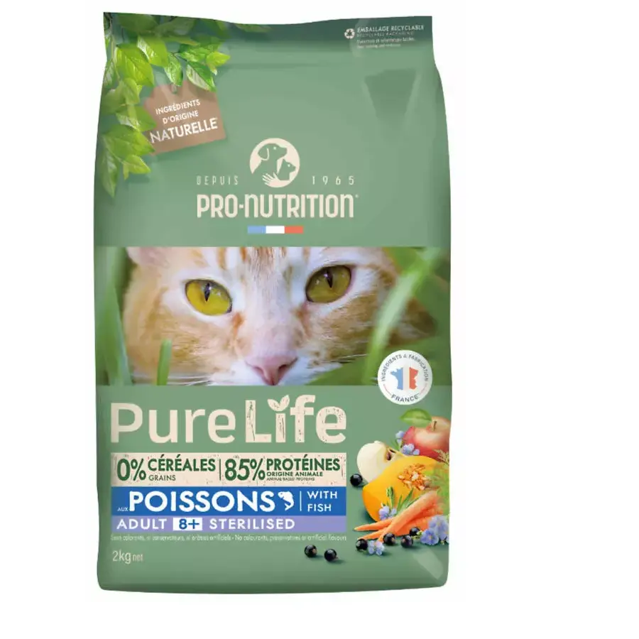 PRO-NUTRITION Suva hrana za mačke Pure Life Adult Sterilised 8+, Riba, 2kg