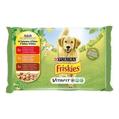 FRISKIES PURINA Vlažna hrana za pse, Dog Adult, Sos, Govedina, piletina i jagnjetina u želeu, 4x100 g