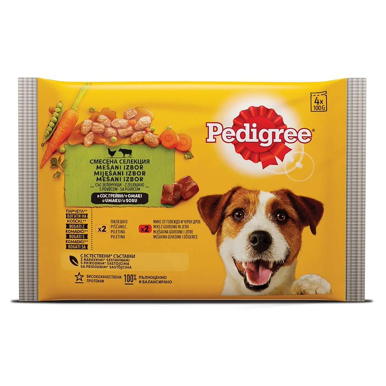 Pedigree Hrana za odrasle pse, Piletina i Govedina, 4x100g