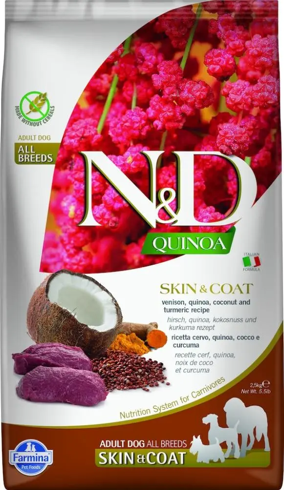 FARMINA Suva hrana za pse sa ukusom srnetine, kokosa, kurkume ND Grain Free Quinoa SkinCoat 2.5kg