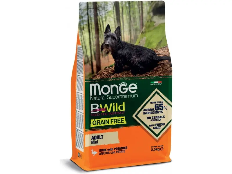 MONGE Hrana za ose sa ukusom pačetine i krompira Bwild Grain Free Adult Mini Duck With Potato, 2.5kg