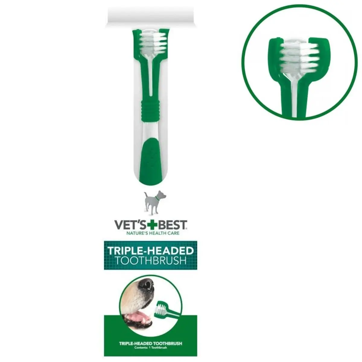 VET'S BEST Trostrana četkica za zube pasa Dental Triple Headed Toothbrush, Zelena