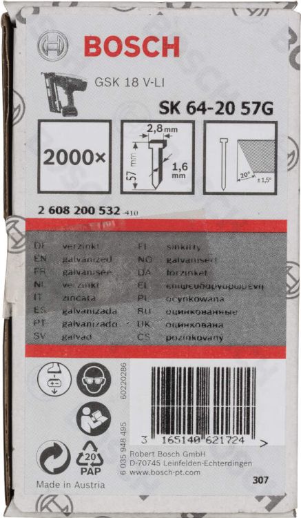 Bosch ravni ekser sa upuštenom glavom 20°, pocinkovani SK64 20G 57 mm - 2608200532